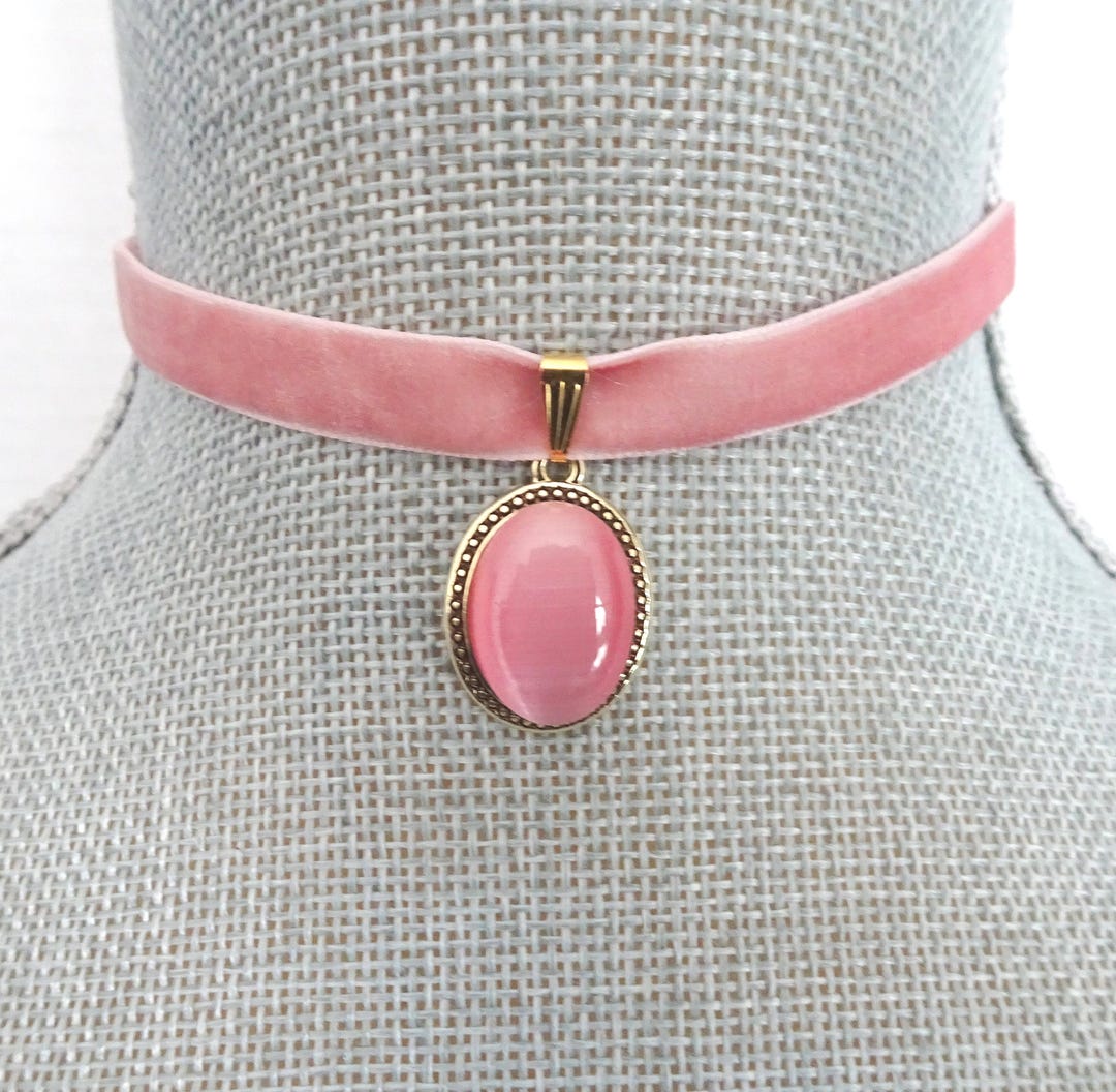 Pink Velvet Choker Necklace With Pink Cat Eye Glass Oval Pendant ...