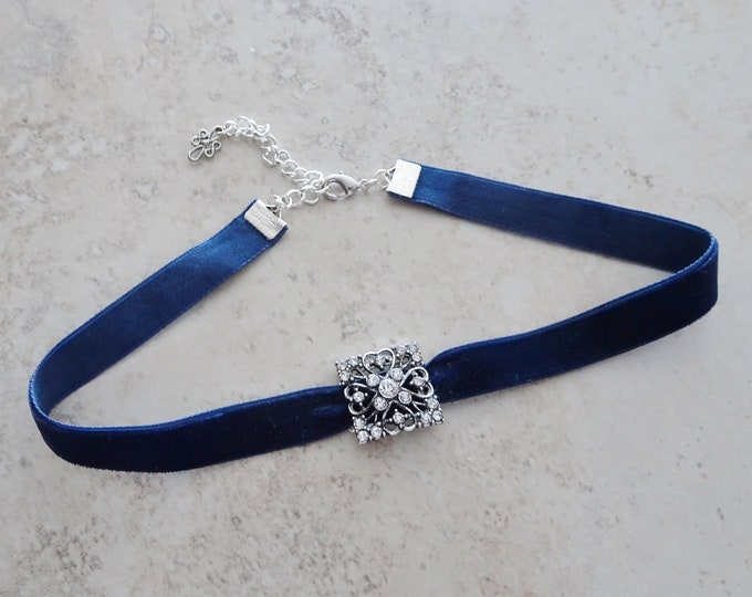 Navy Blue Velvet Choker Necklace Rhinestone Navy Blue Choker Necklace ...