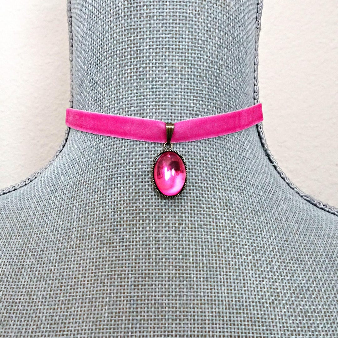 Bright Pink Velvet Choker Necklace, Pink Cabochon Pendant Choker, Pink ...