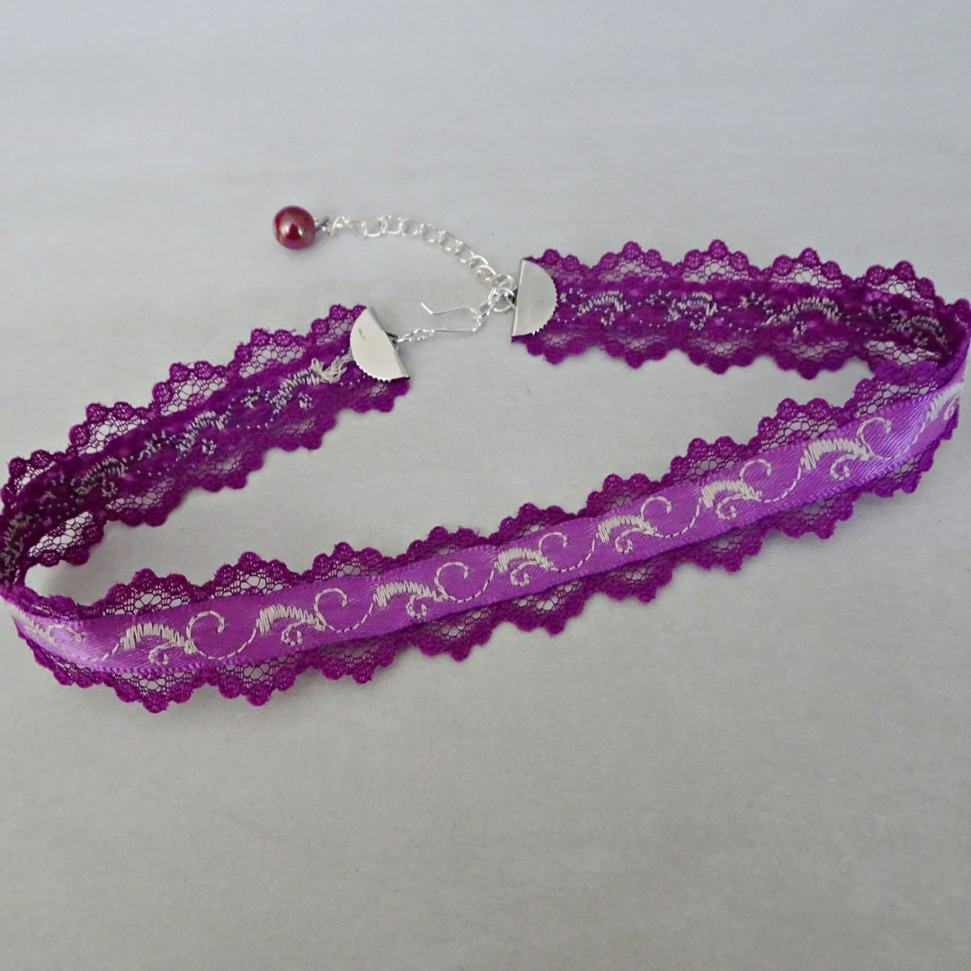 Purple Lace and Embroidered Ribbon Choker Necklace, Vintage Violet ...