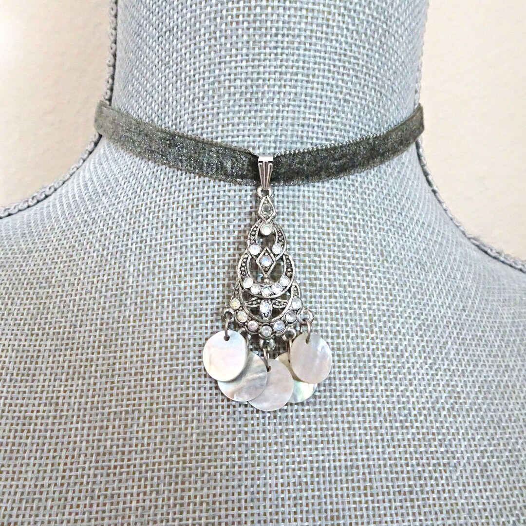 Gray Velvet Choker Necklace With Vintage Filigree and MOP Shell Bead ...