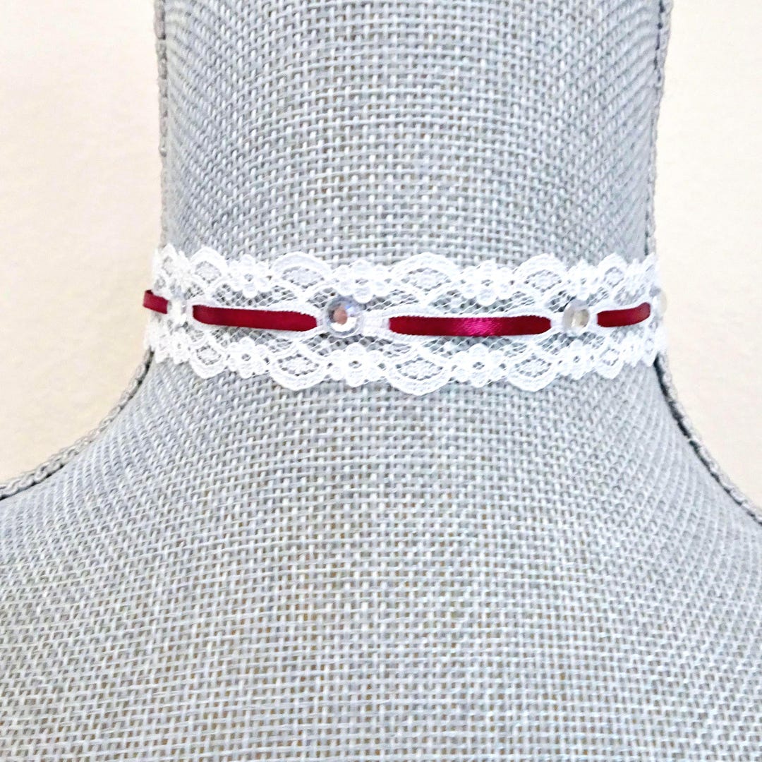 White Eyelet Lace and Burgundy Ribbon Choker Necklace, White Lace ...