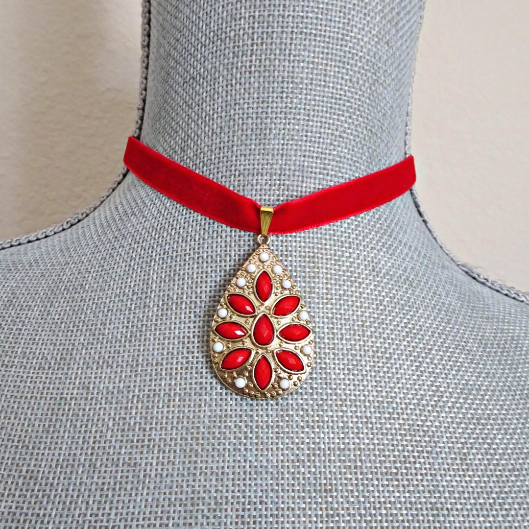 Red Velvet Choker Necklace, Teardrop Gold Pendant, Rhinestone Accent - Etsy