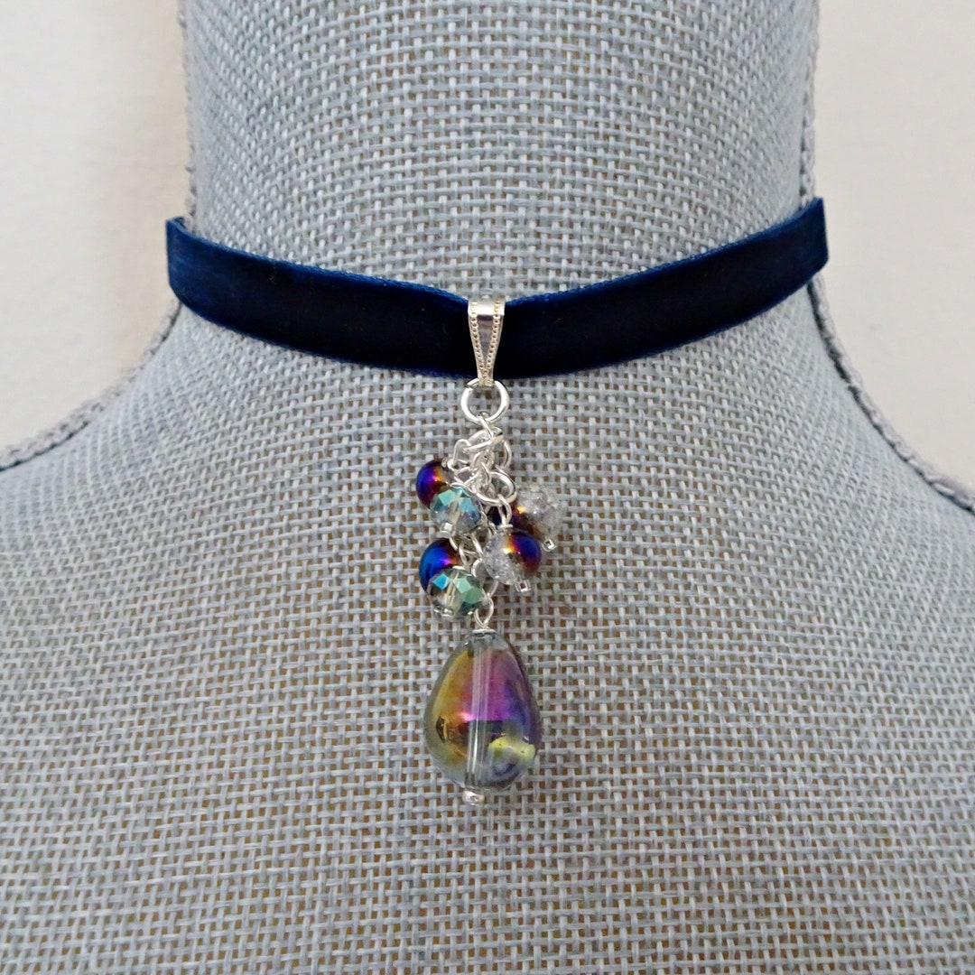 Navy Blue Velvet Ribbon Choker Necklace With Beaded Dangle Focal ...