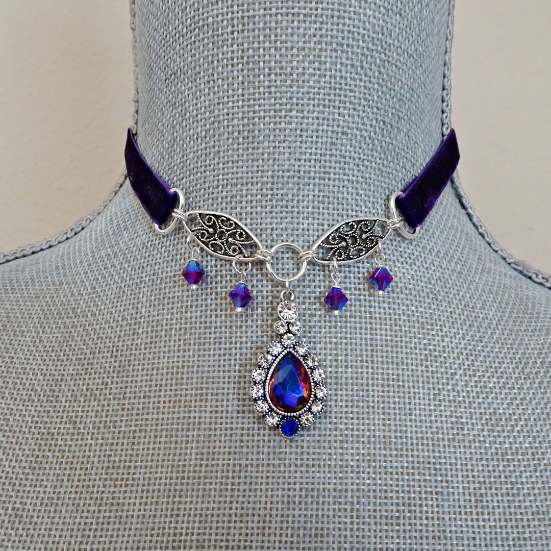 Purple Velvet Ribbon Choker Necklace, Purple Rhinestone Teardrop ...