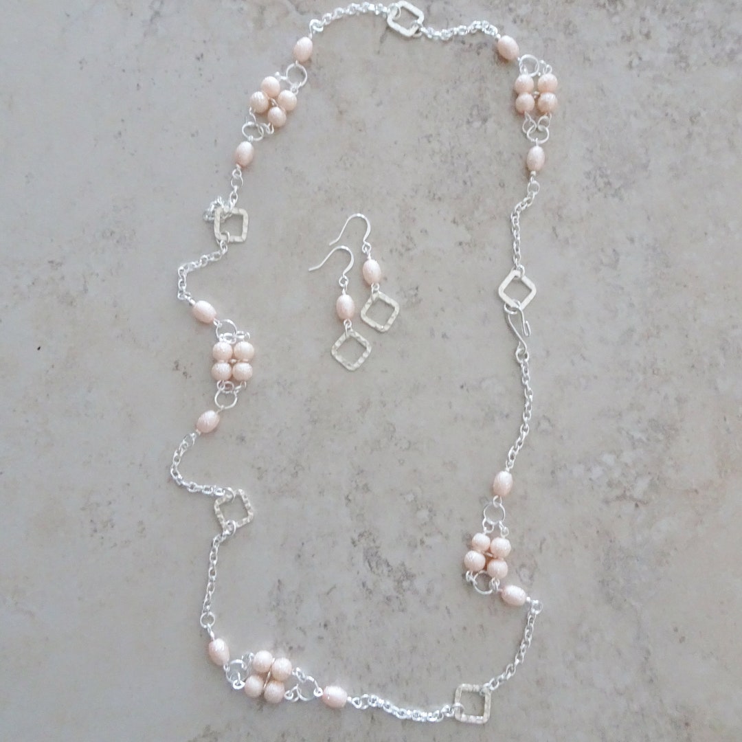 Peach Bead Silver Chain Necklace and Earring Gift Set - Silver Chain ...