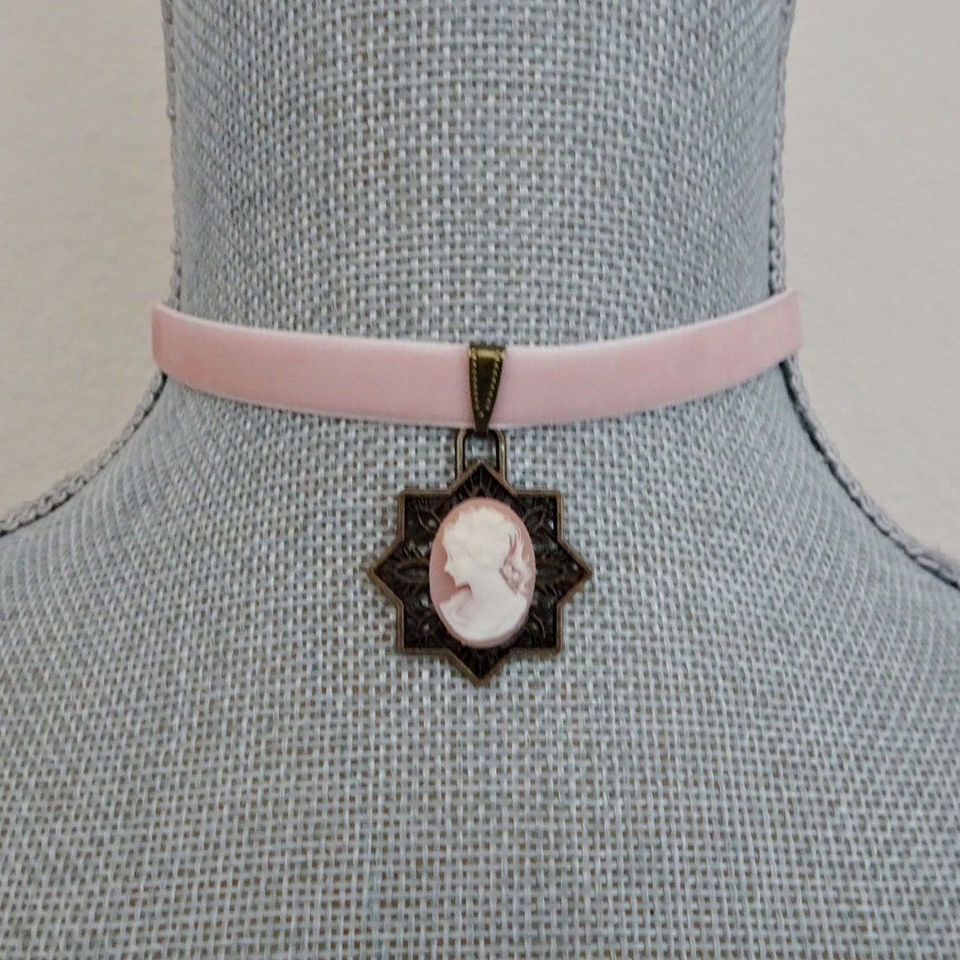 Pink Velvet Ribbon Cameo Pendant Choker, Lady Cameo Necklace, Hipster ...