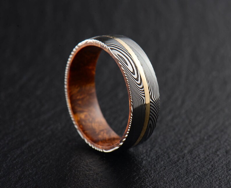 Stainless Damascus Steel and 18K Yellow Gold Desert Ironwood Mens ...