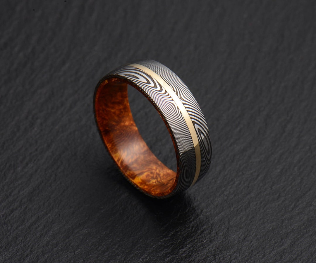 Stainless Damascus Steel and 18K Yellow Gold Desert Ironwood Mens ...