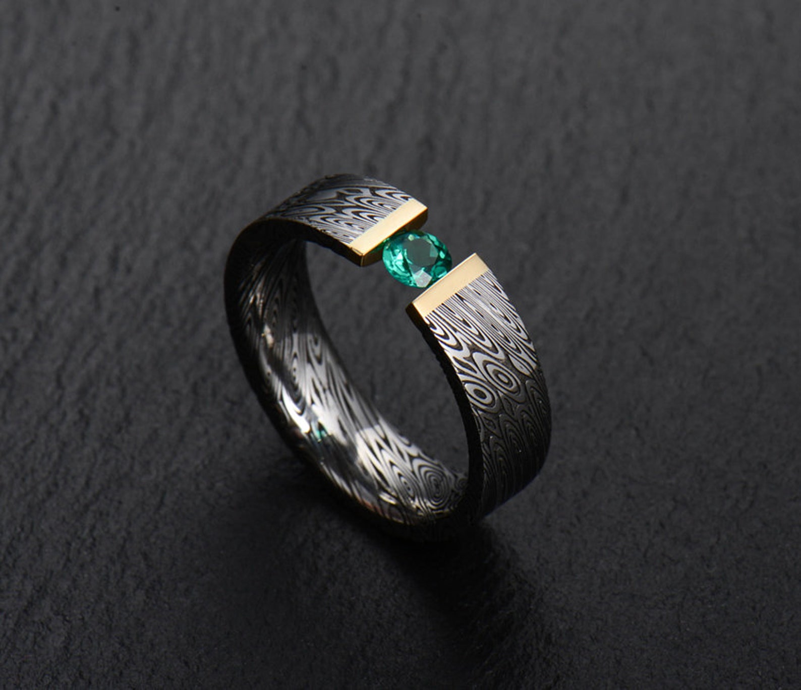 Stainless Damascus Steel With 18K Yellow Gold and Inlay Emerald Mens ...