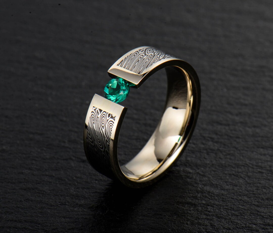 Stainless Damascus Steel With 18K White Gold and Inlay Emerald Mens ...
