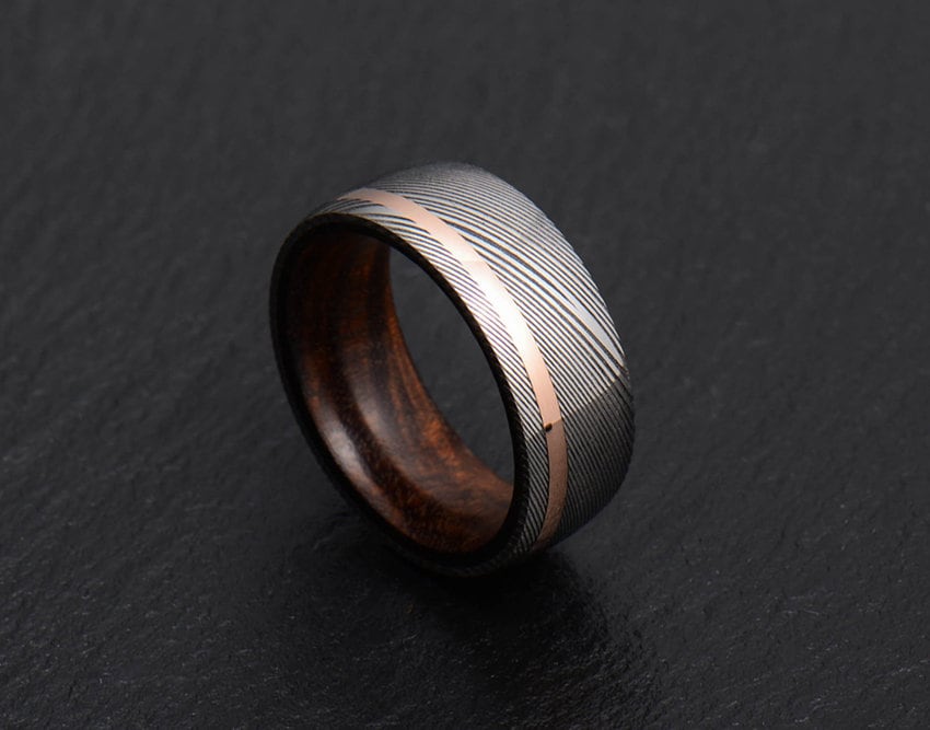 Stainless Damascus Steel and Rose Gold Ringed Gidgee Wood Mens - Etsy