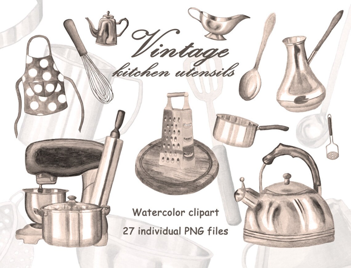 Baking Clipart, Vintage Kitchen Items, Baker Clipart, Watercolor Baking ...