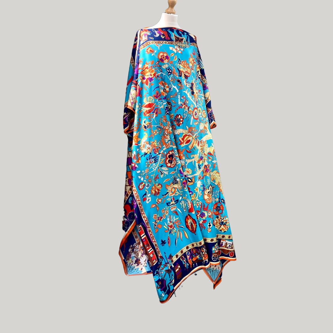 Turquoise Kaftan Designer Print Silky Resort Wear Plus Size Dress ...