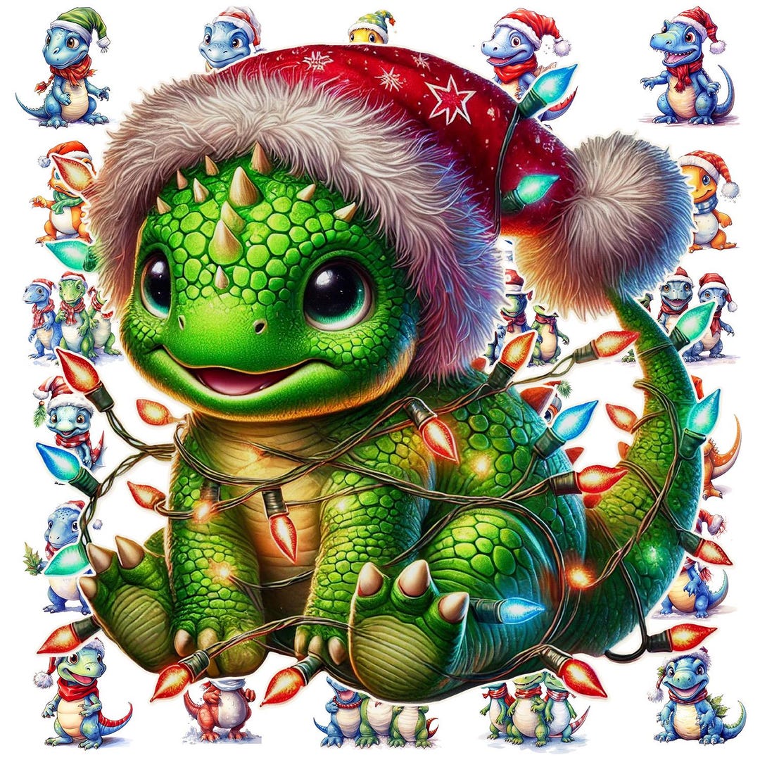 30 Cute Dinosaurs Christmas Clipart Bundle Png, Watercolor Dinosaur Png ...