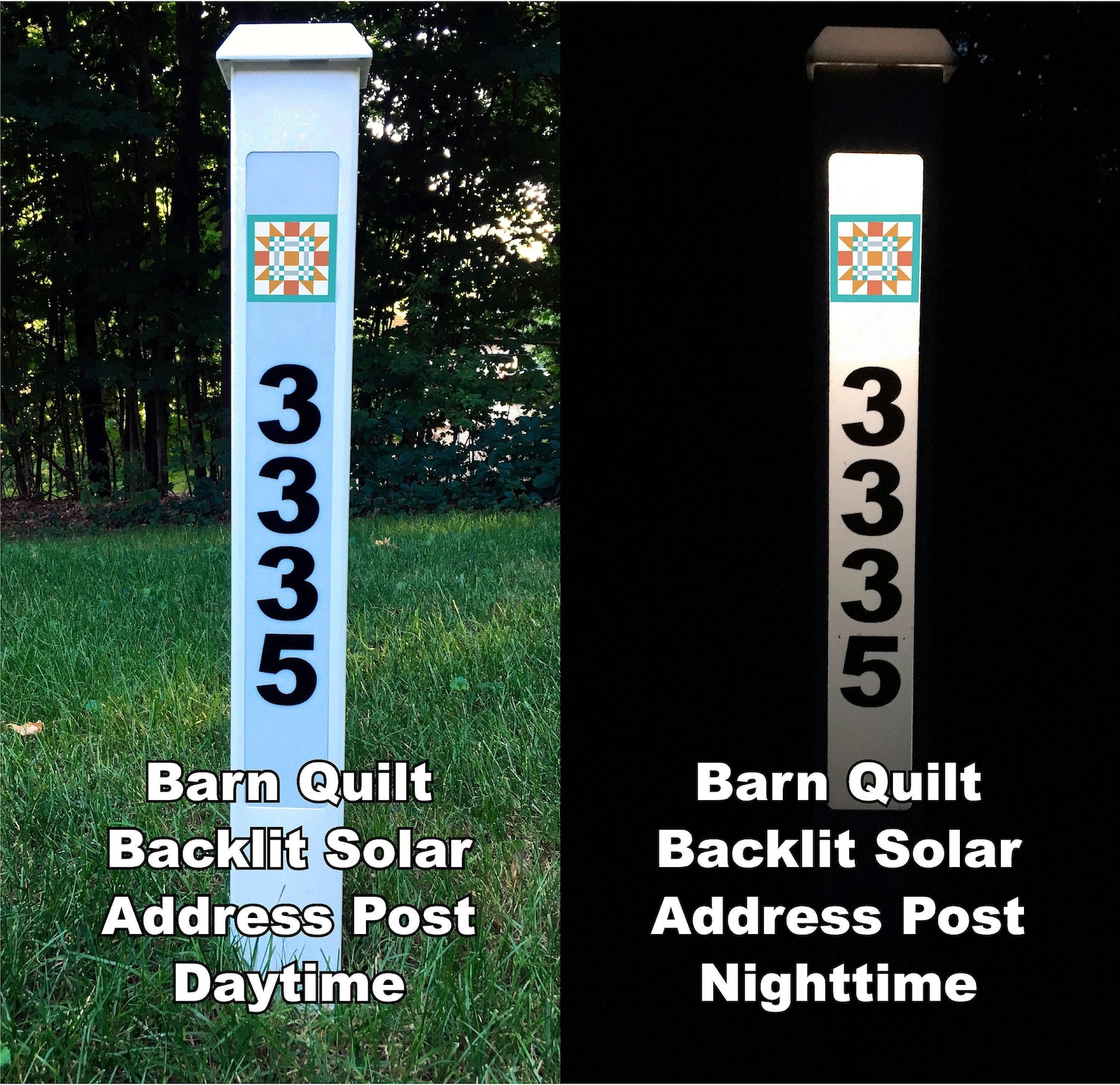 Barn Quilt Solar LED Backlighted Address Sign Post, 1 or Two Sided W ...