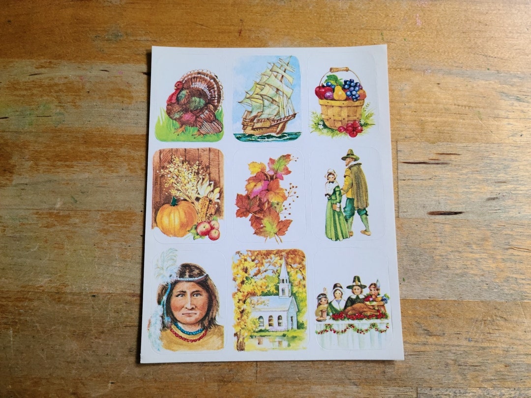 Vintage Thanksgiving Stickers - Eureka 1980s - Pilgrim Native American ...