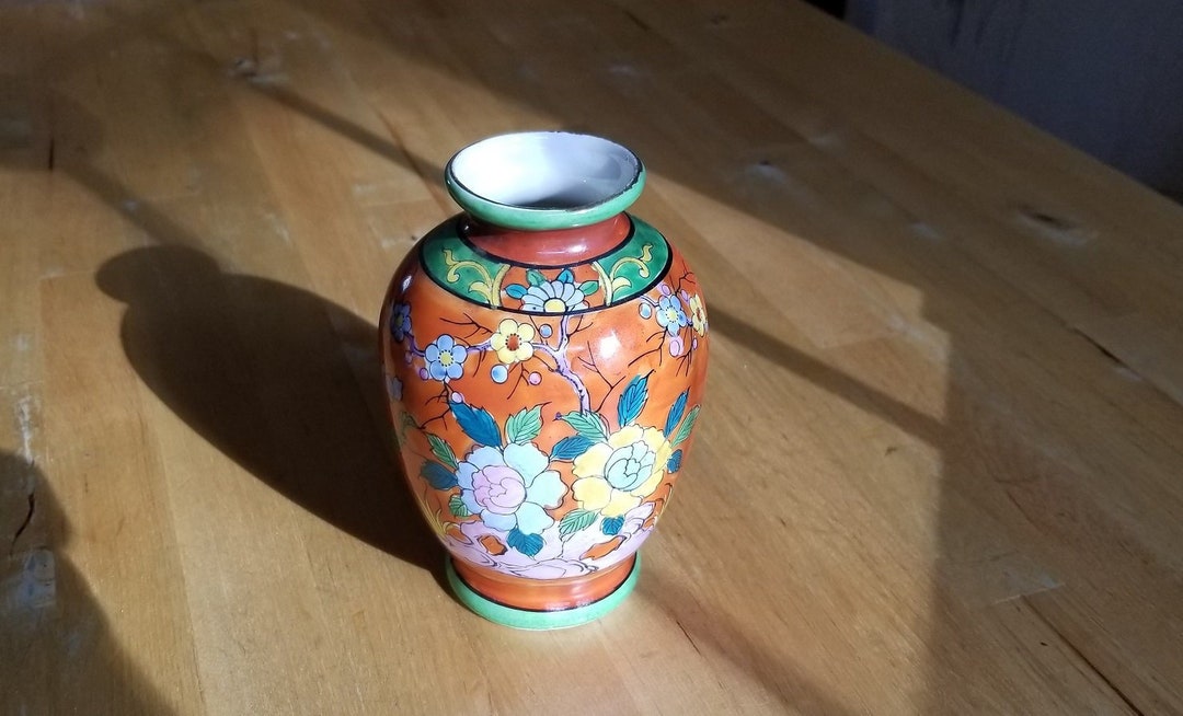 Vintage Made in Japan Orange Floral Vase - Tashiro Shoten Elephant Mark ...