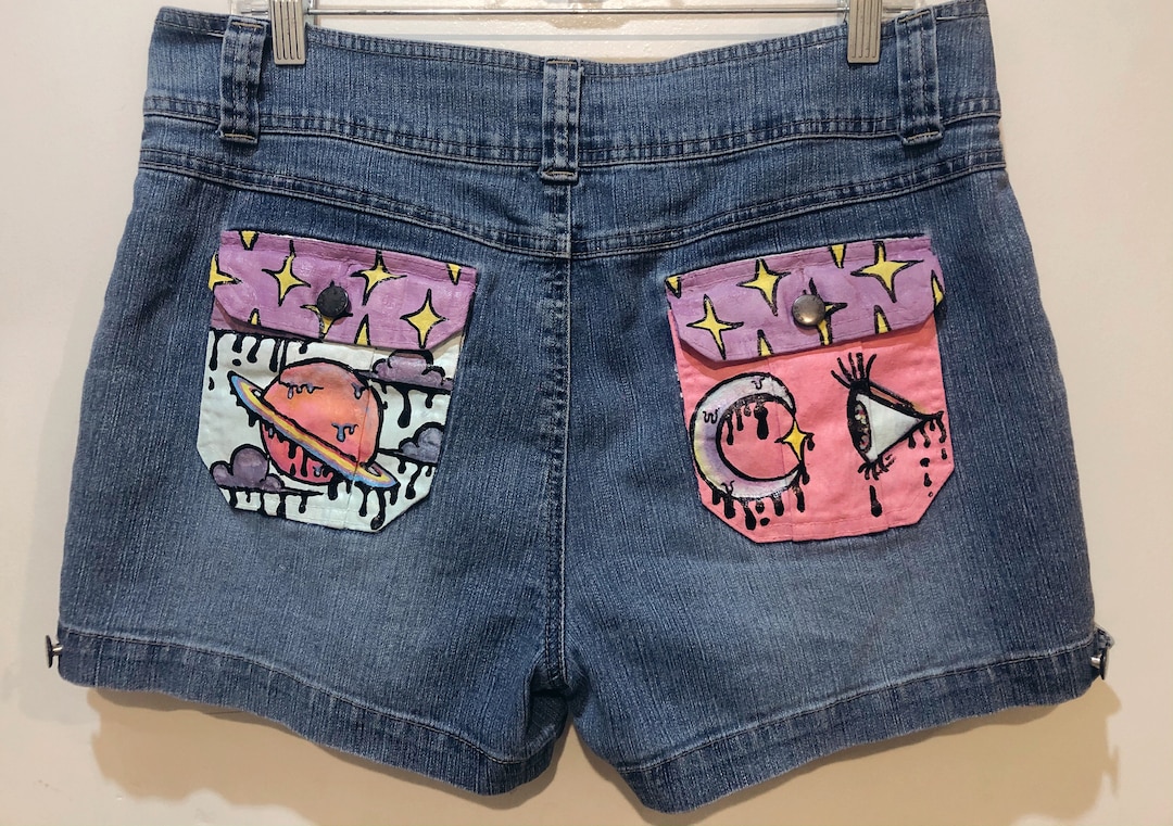 Hand Painted Denim Shorts, Festival Shorts, Size 14 Shorts, Unique ...