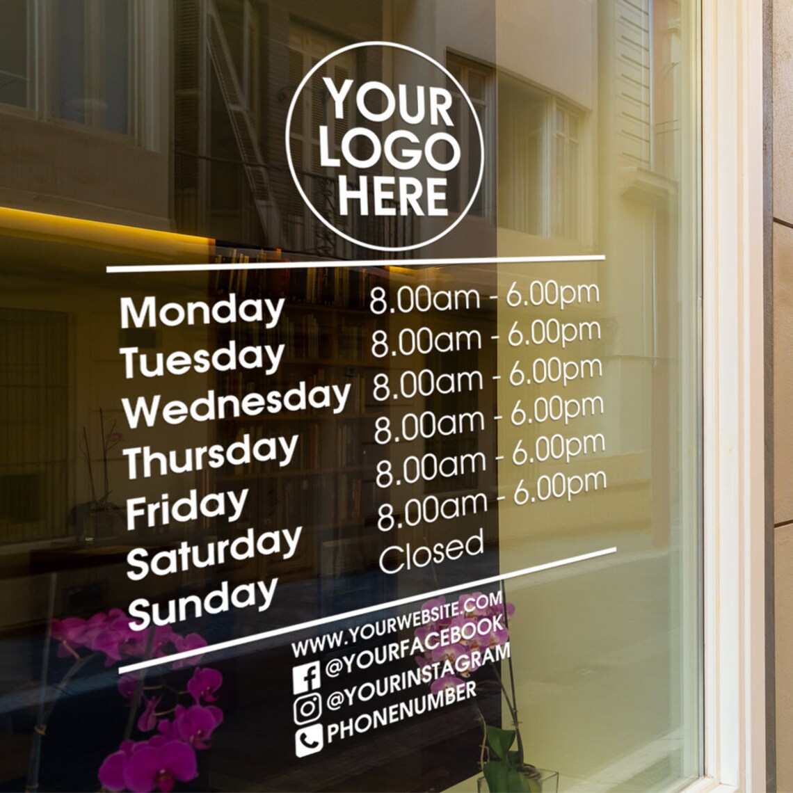 Custom Business Opening Times With Logo Shop Window Decal, Shop Window ...