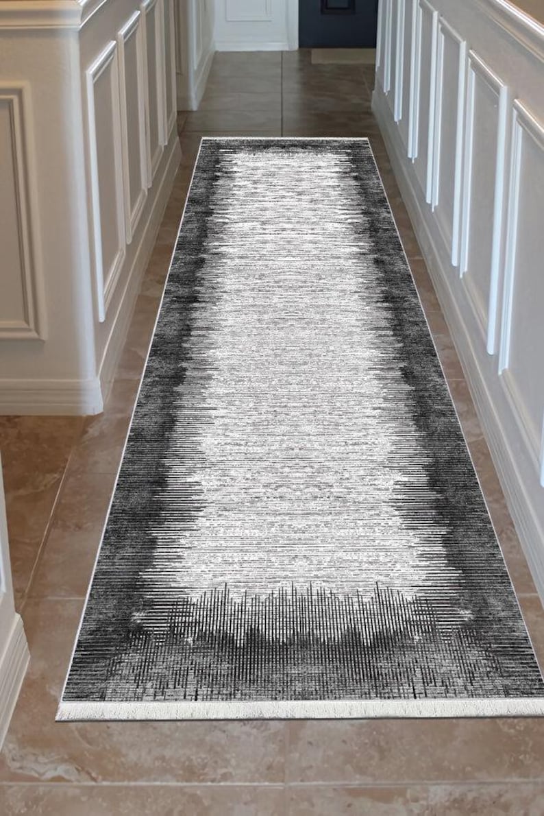 Black Gray Hallway Runner Rug Non Slip Washable Modern Long Carpet for ...
