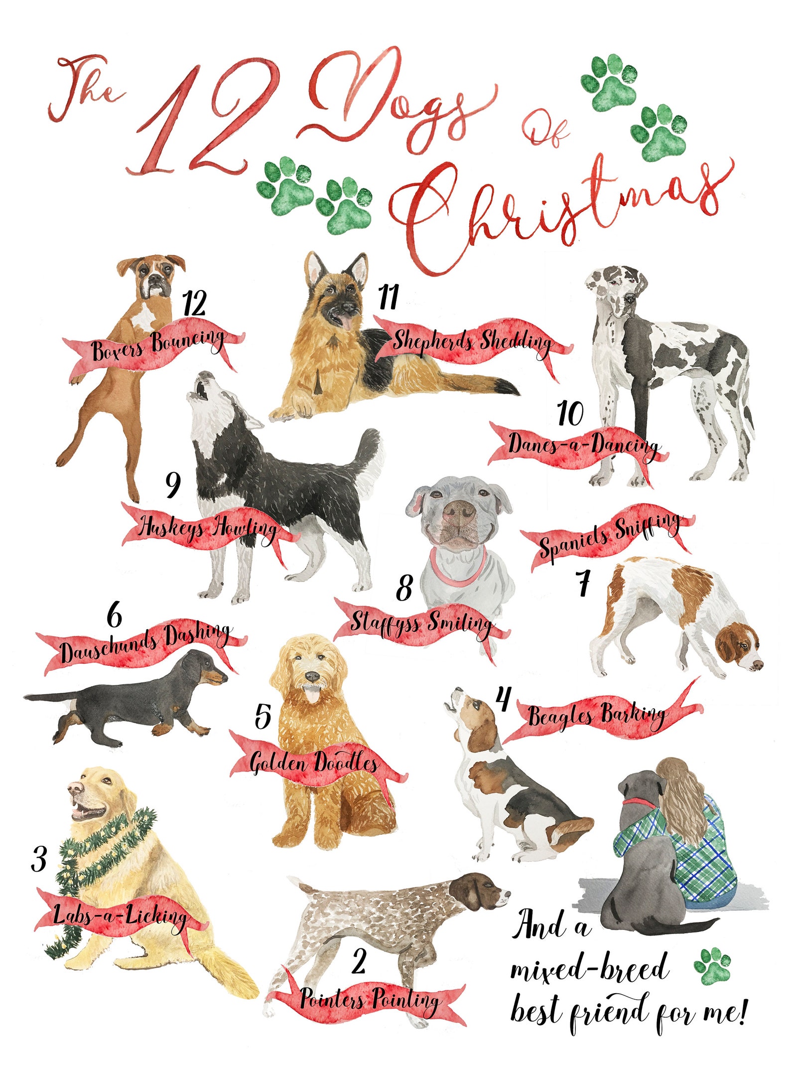 12 Dogs of Christmas Holiday Art Print Boxer German Shepherd - Etsy