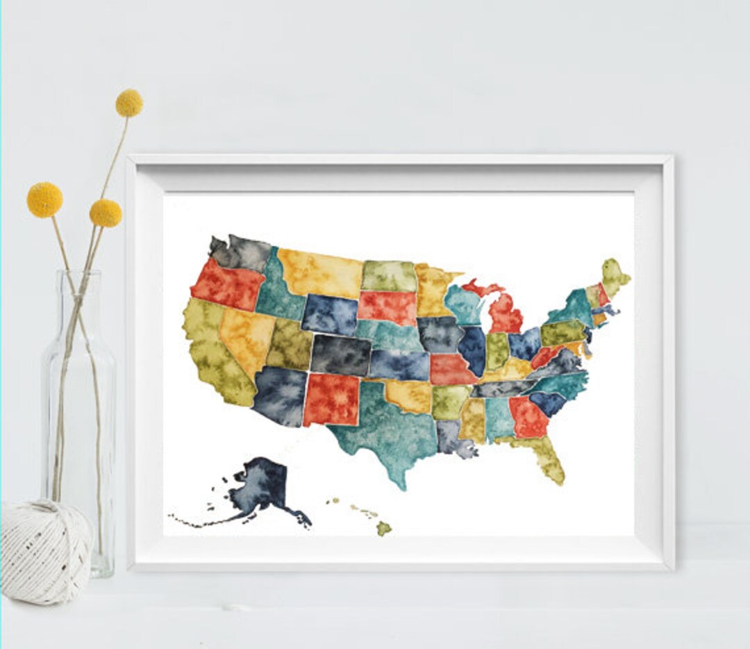 Watercolor United States Map Art Print: Colorful Wall Decor - Etsy