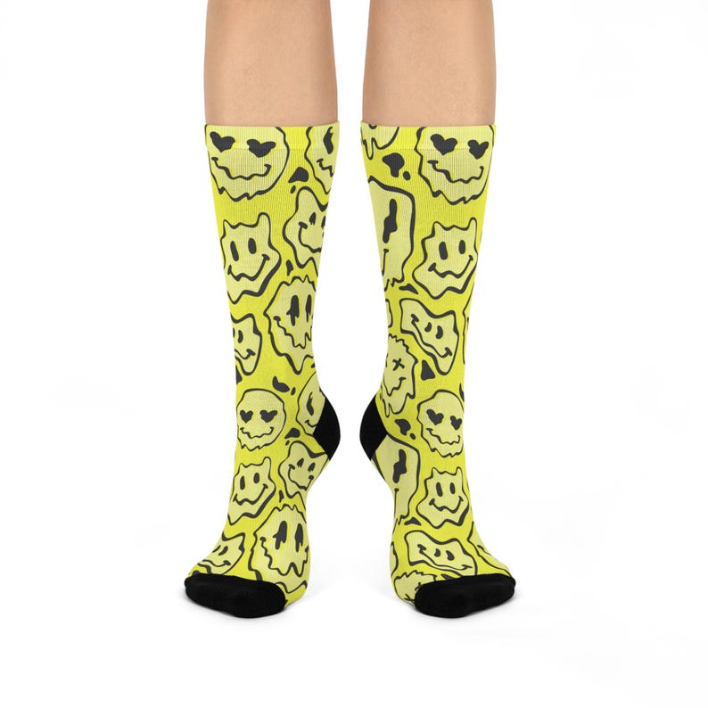 Melting Smiley Face Socks, Emoji Crew Socks, Happy Face Footwear, Fun ...