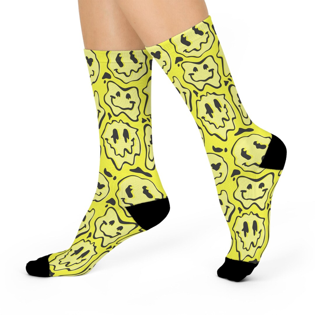 Melting Smiley Face Socks, Emoji Crew Socks, Happy Face Footwear, Fun ...