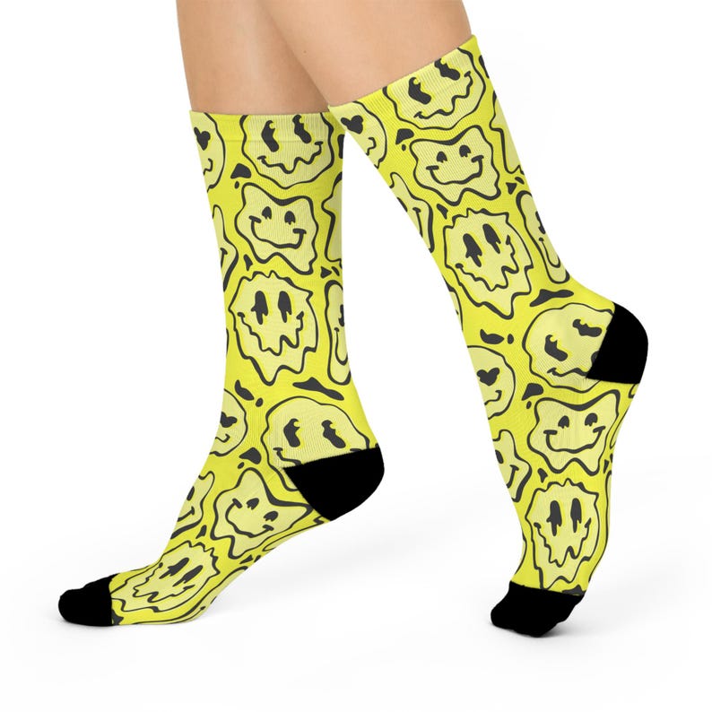 Melting Smiley Face Socks, Emoji Crew Socks, Happy Face Footwear, Fun ...
