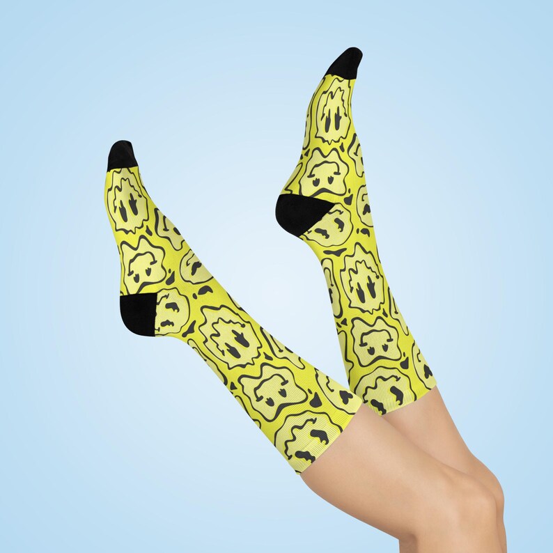 Melting Smiley Face Socks, Emoji Crew Socks, Happy Face Footwear, Fun ...