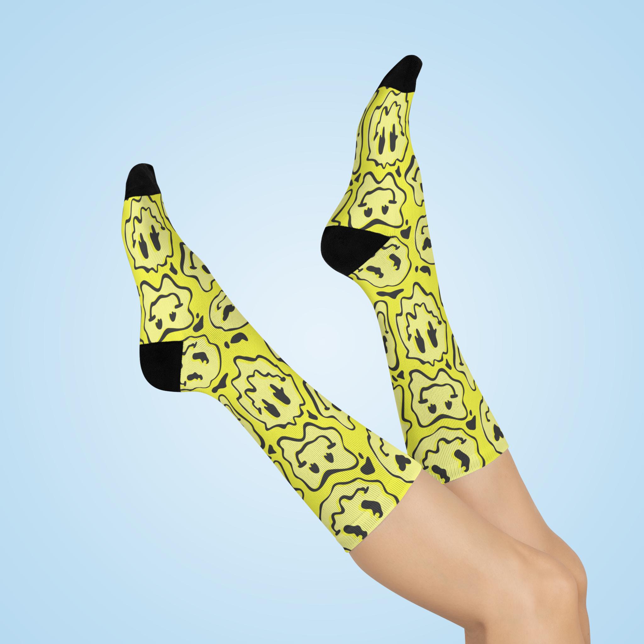Melting Smiley Face Socks, Emoji Crew Socks, Happy Face Footwear, Fun ...