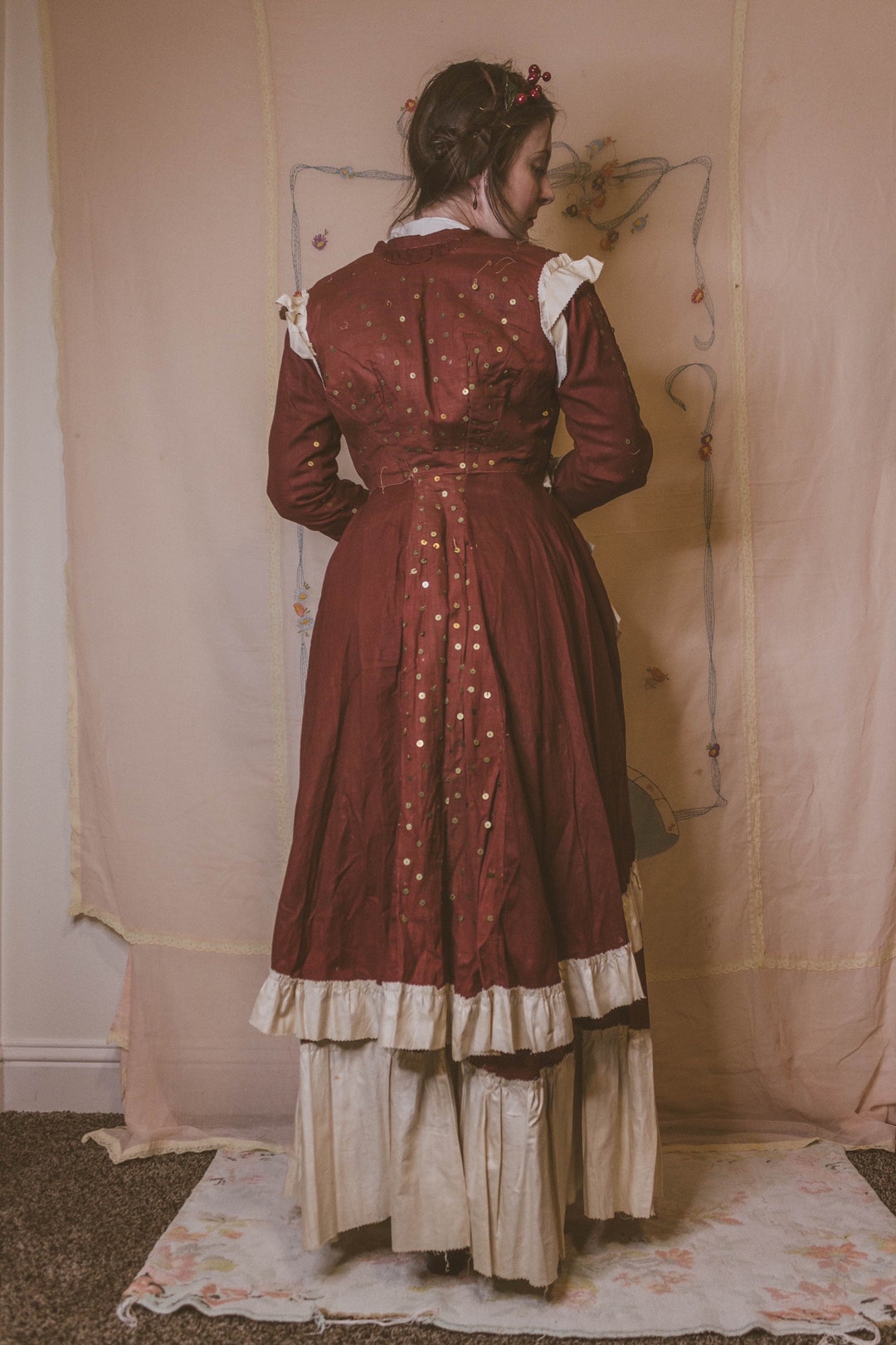 Xs/s-1880’s Red Calico 2-piece Gown--please Read Item Description ...