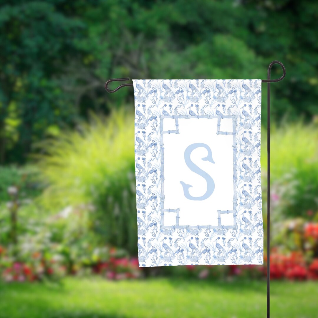 Monogrammed Garden & House Flag, Blue Chinoiserie Toile Bamboo Watercolor Flag, Mini Yard Flag ...