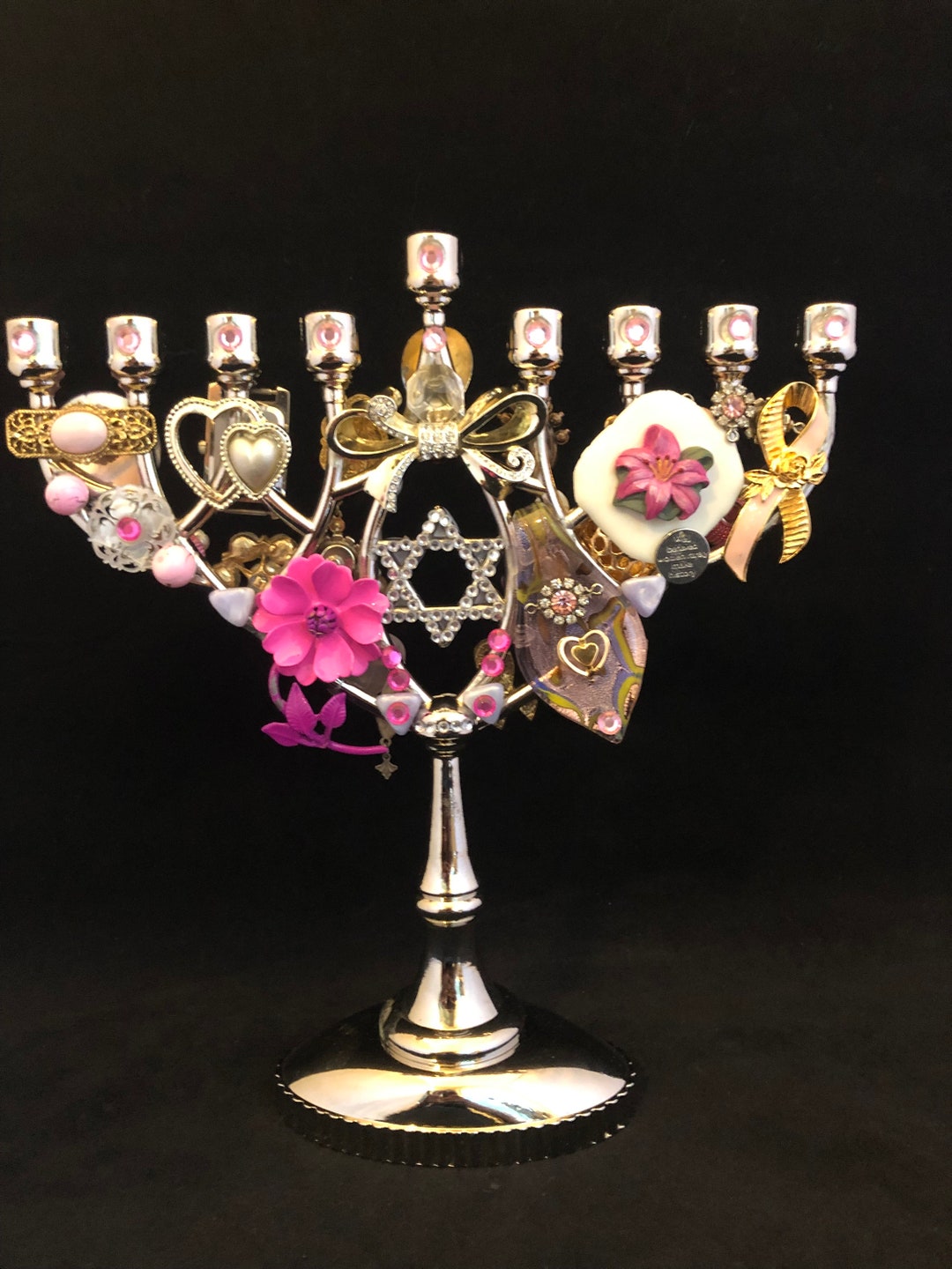 Menorah Vintage Silver Pink Ribbon Rhinestone Gold Bling - Etsy