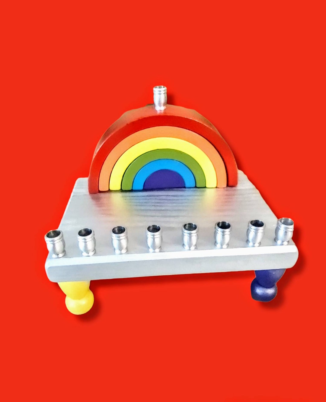 Rainbow Menorah Wood Silver Hanukkiah Judaica Jewish Hanukkah Gift - Etsy