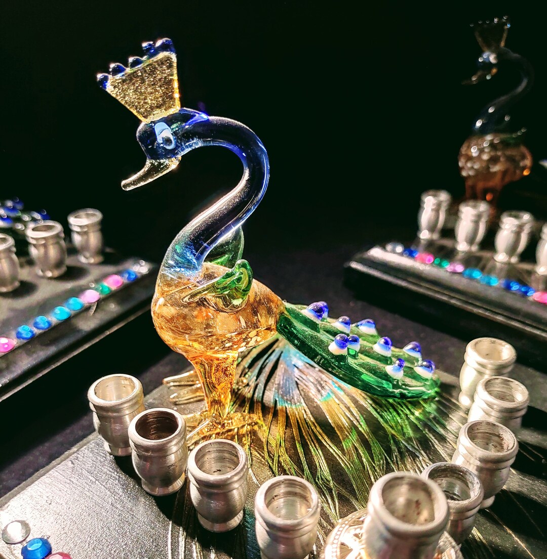 Peacock Menorah Personalize Rainbow Feather Jewel Tones Pink Green ...
