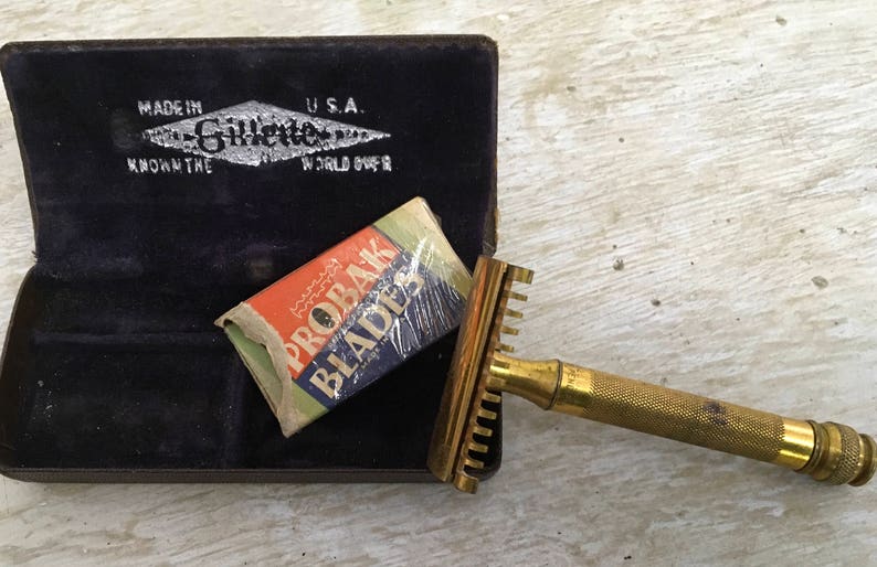 Rare Vintage Pre-war 1920's Gillette 3 Piece Gold Tone Patina Razor ...