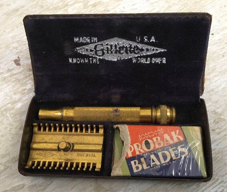 Rare Vintage Pre-war 1920's Gillette 3 Piece Gold Tone Patina Razor ...
