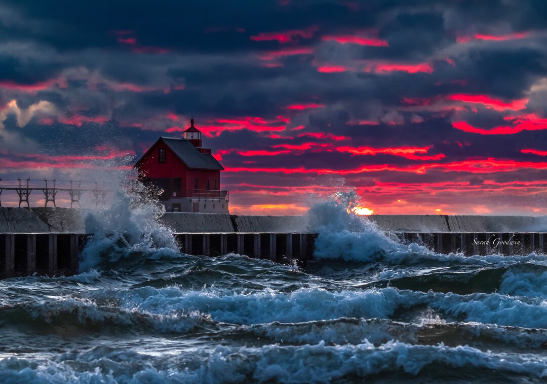 Waves Under a Magenta Sky / Lighthouse / Waves / Michigan Photography ...