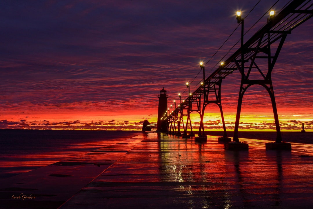 Fiery Sunset at Grand Haven Pier / Michigan / Lighthouse / Canvas ...