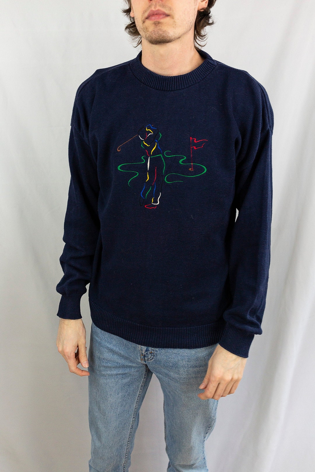 Vintage 80s Andrew Rohan Knit Multicolor Embroidered Golf Sweater Size ...