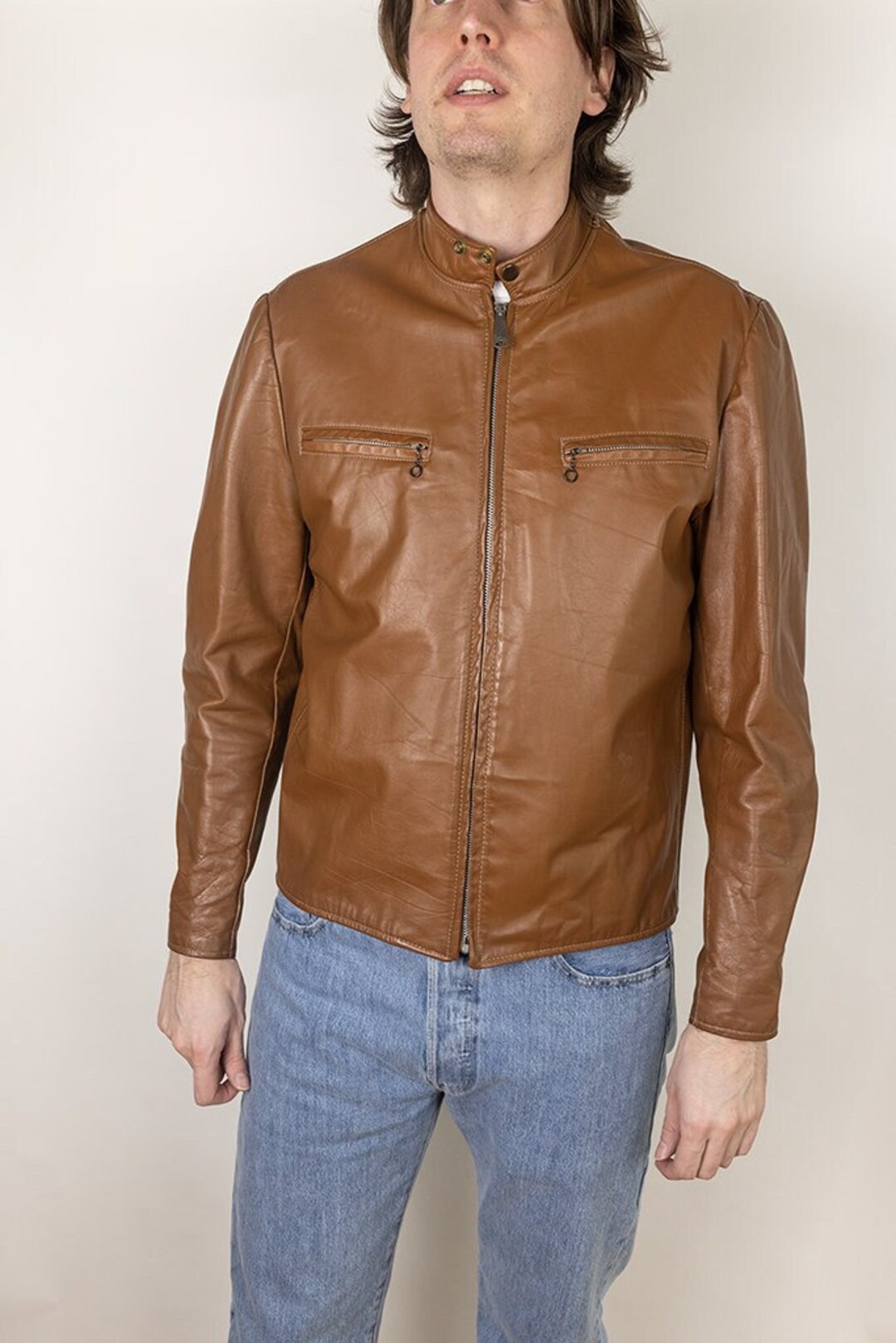 Vintage 70s Sears Leather Shop Brown Cafe Racer Motorcycle Jacket Size 44 Large Cowhide - Etsy