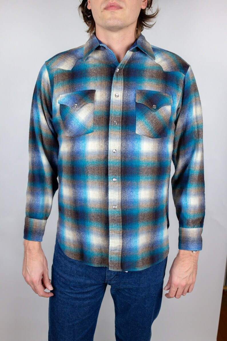 Vintage 90s Pendleton High Grade Western Wear Wool Shirt Ombre Plaid Flannel Blue Black White ...