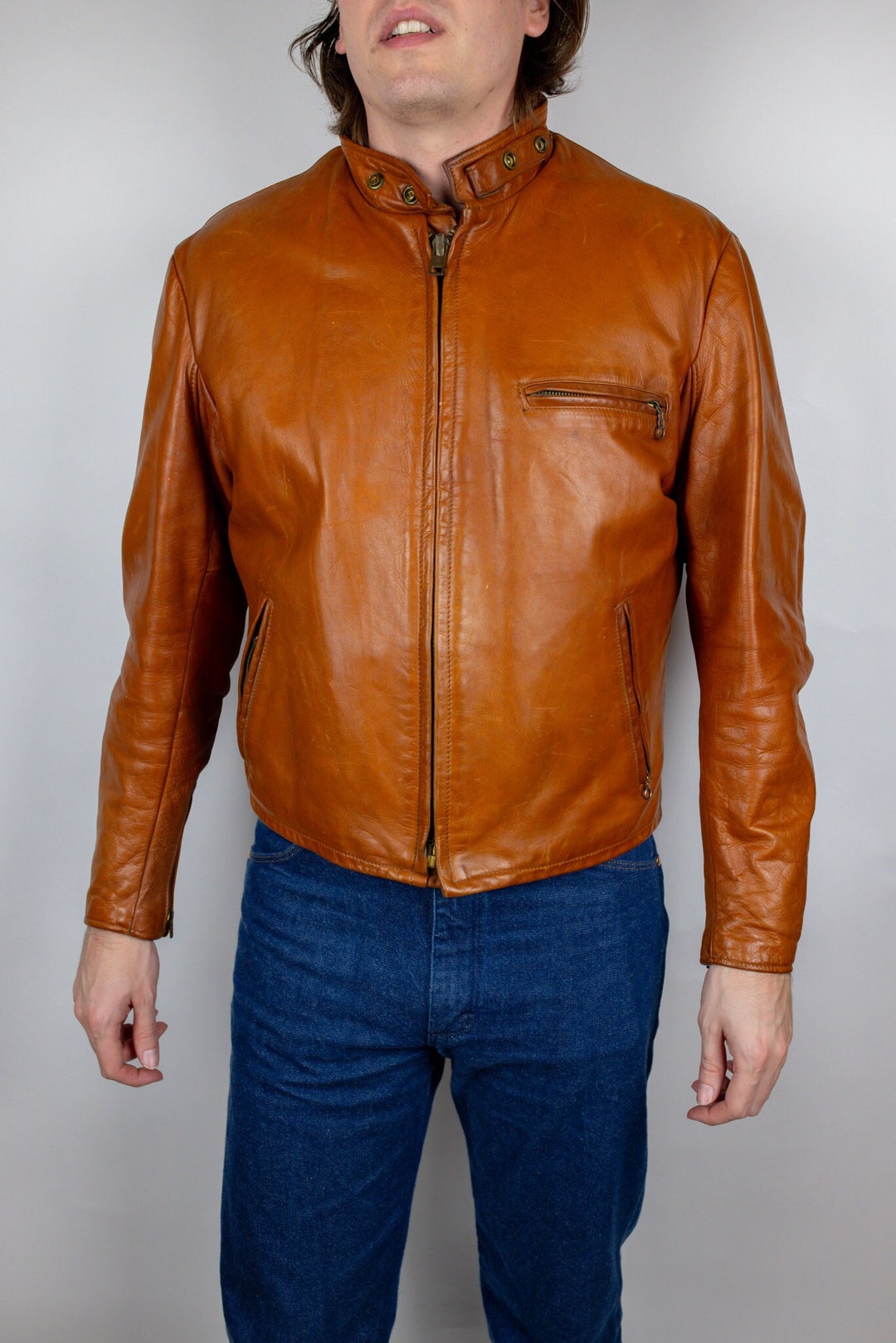 Vintage Schott 141 Cowhide Leather Cafe Racer Motorcycle Jacket Light ...
