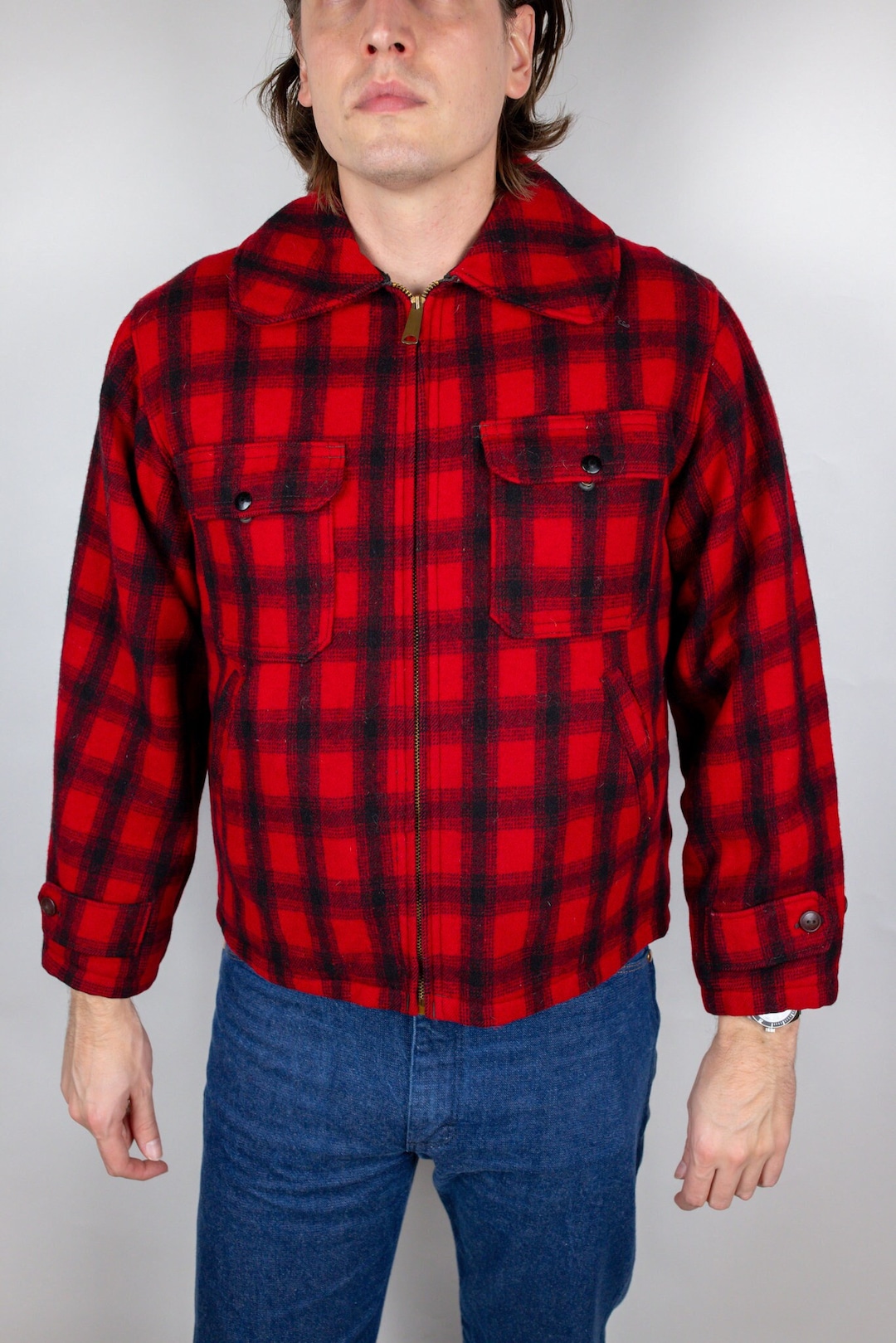 Vintage 60s Woolrich Quilted Lined Full Zip Mackinaw Bomber Wool Red ...