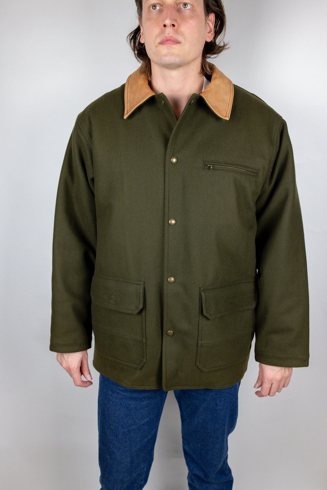 Vintage Woolrich John Rich and Bros 2 in 1 Wool Field Coat Leather ...