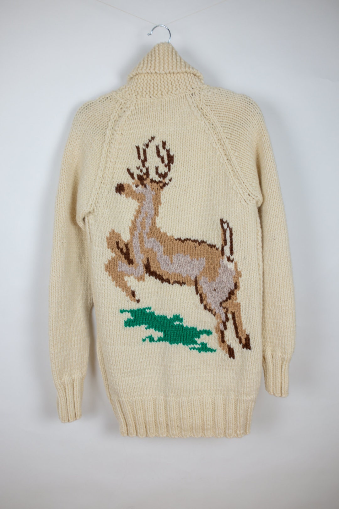 Vintage Whitetail Deer Buck Cowichan Full Zip Cardigan Chunky Knit Wool ...