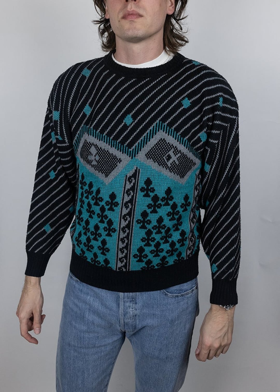 Vintage 80s Club International Geometric Vaporwave Knit Acrylic Sweater ...