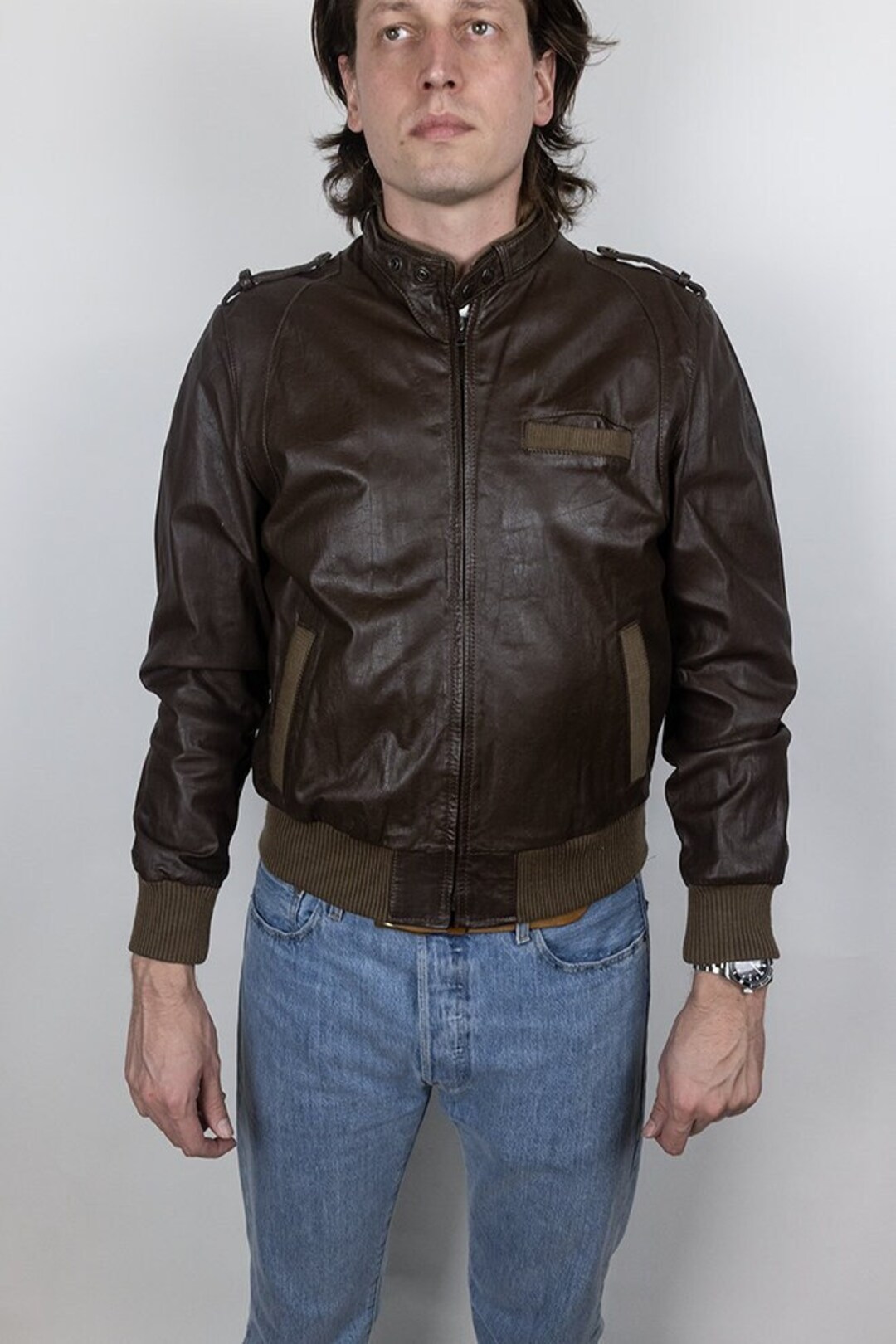 Vintage 80s Members Only Style Dark Brown Leather Cafe Racer Moto ...